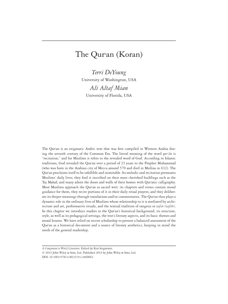 DeYoung, Terri & Ali Altaf Mian - The Qur'an (Koran) (book chap, 2019) | PDF | Muhammad | Quran
