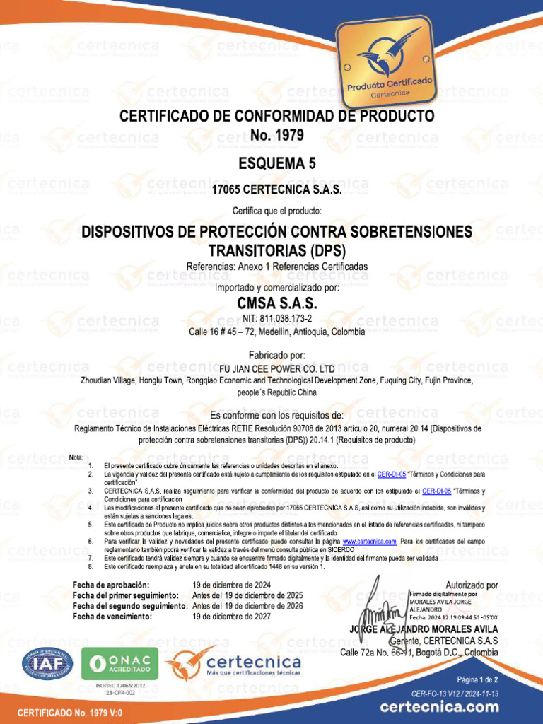 Certificado DPS Tipo Codo CMSA | PDF
