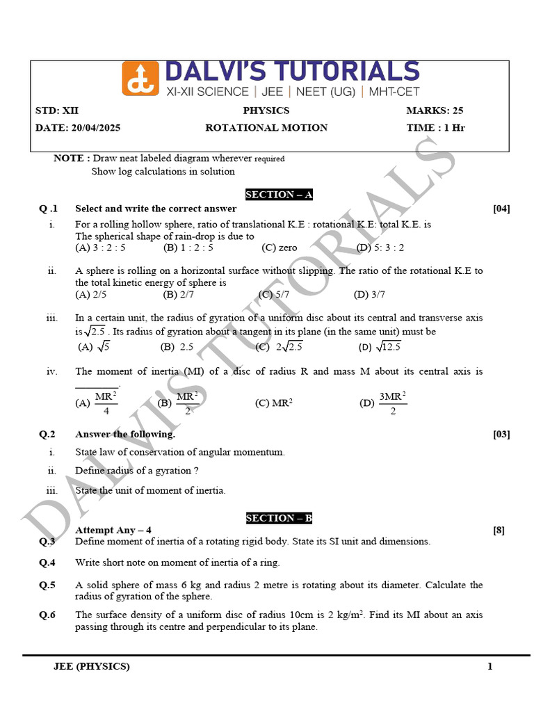 Xiith - Jee - Theory - Rotational Motion - 20.04.2025 | PDF | Rotation ...