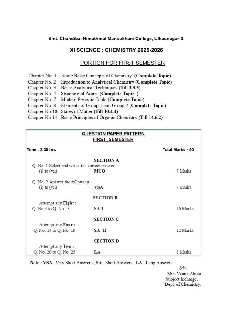 XL Chem First Semester Portion &paper Pattern 2025-26 | PDF | Physics ...