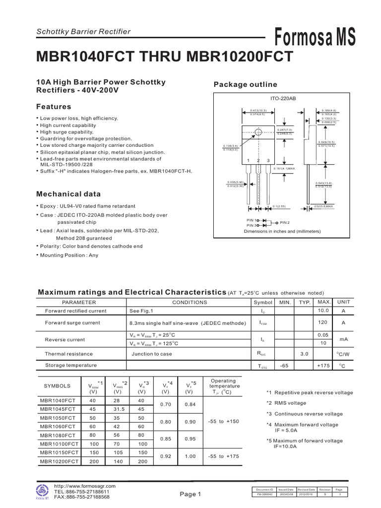 FMS Formosa Microsemi MBR1060FCT C910805 | PDF | Vacuum Tube | Rectifier
