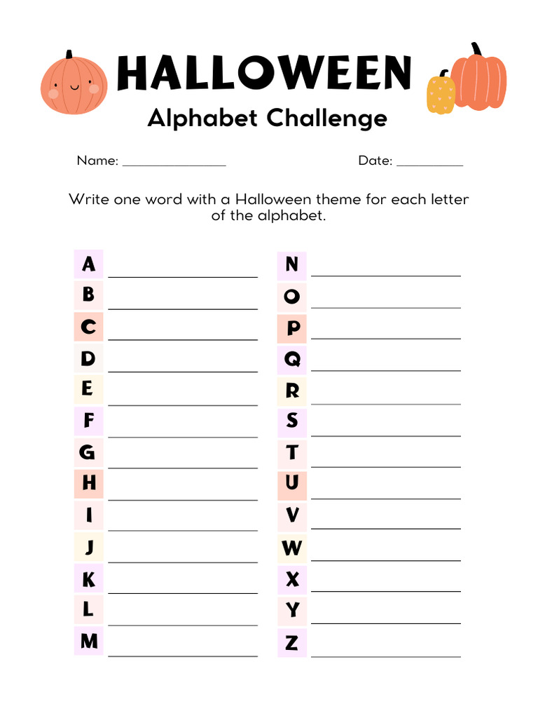 Halloween Alphabet Challenge Worksheet in Yellow White Orange Simple ...