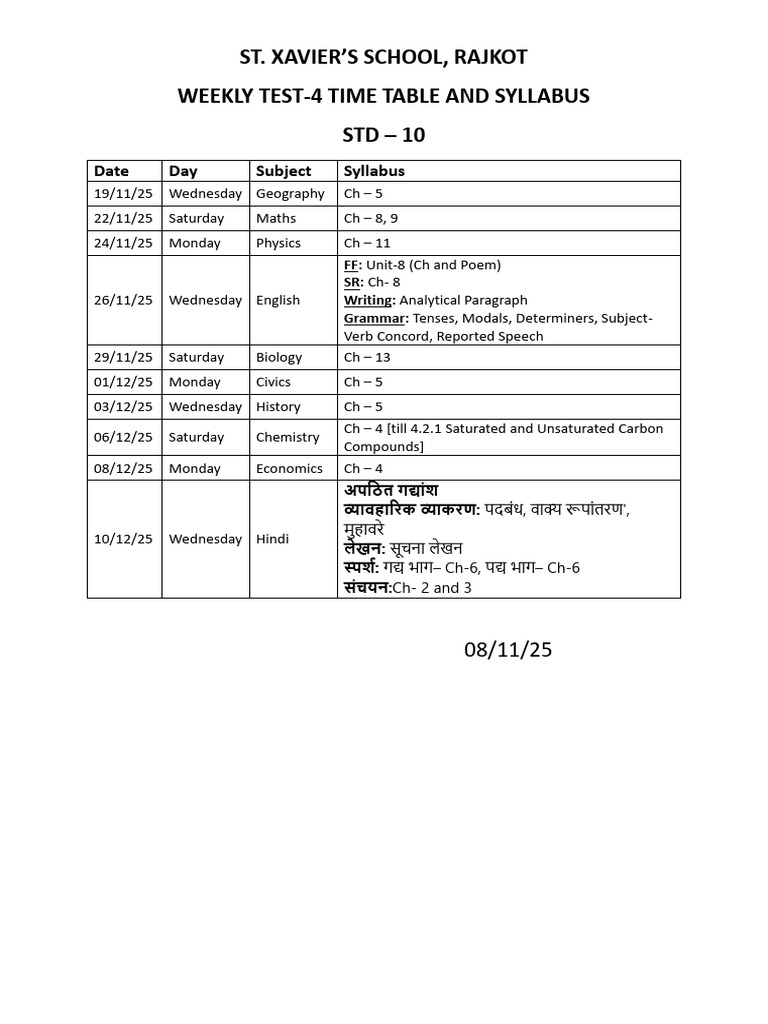 1 4768 Std-10 WT-4 Time Table N Syllabus | PDF