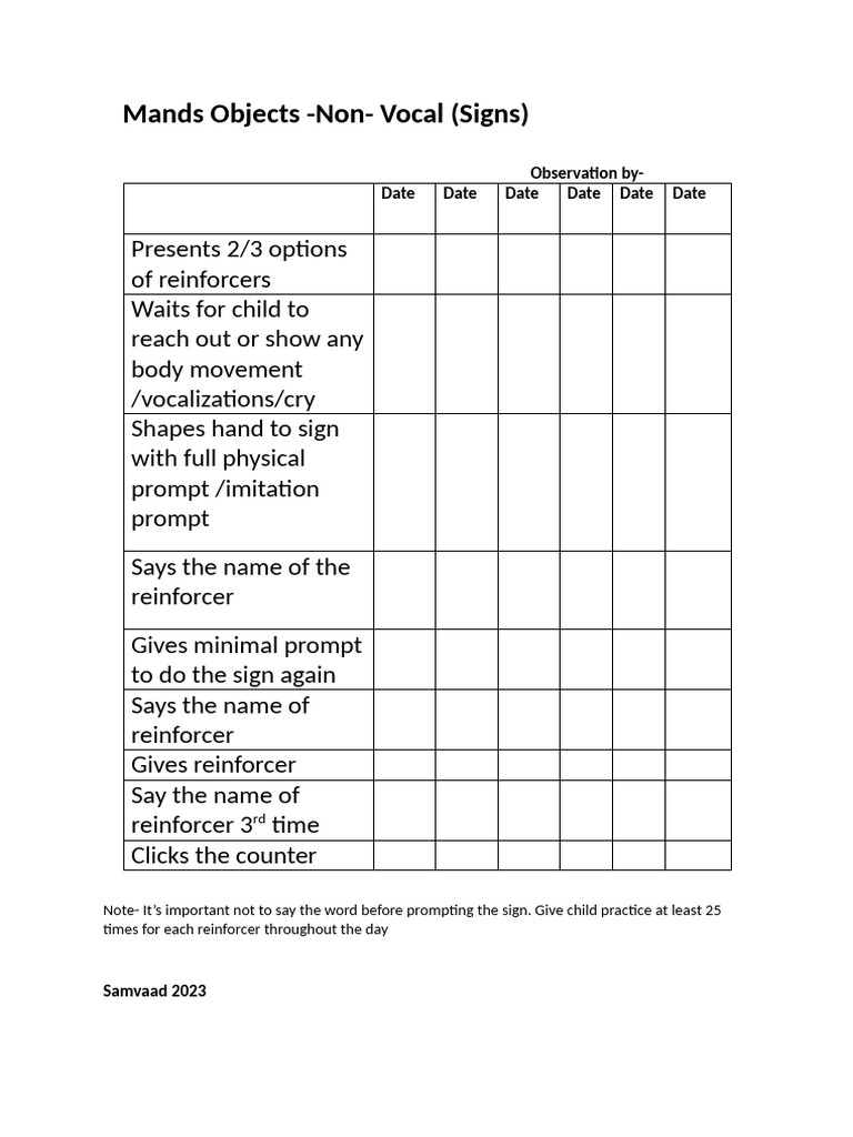 Mands Objects -Non-Vocal (Sign) 2023 | PDF