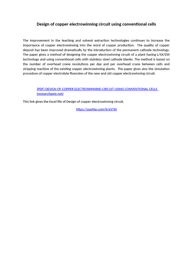 Copper Electrowinning Circuit Design | PDF
