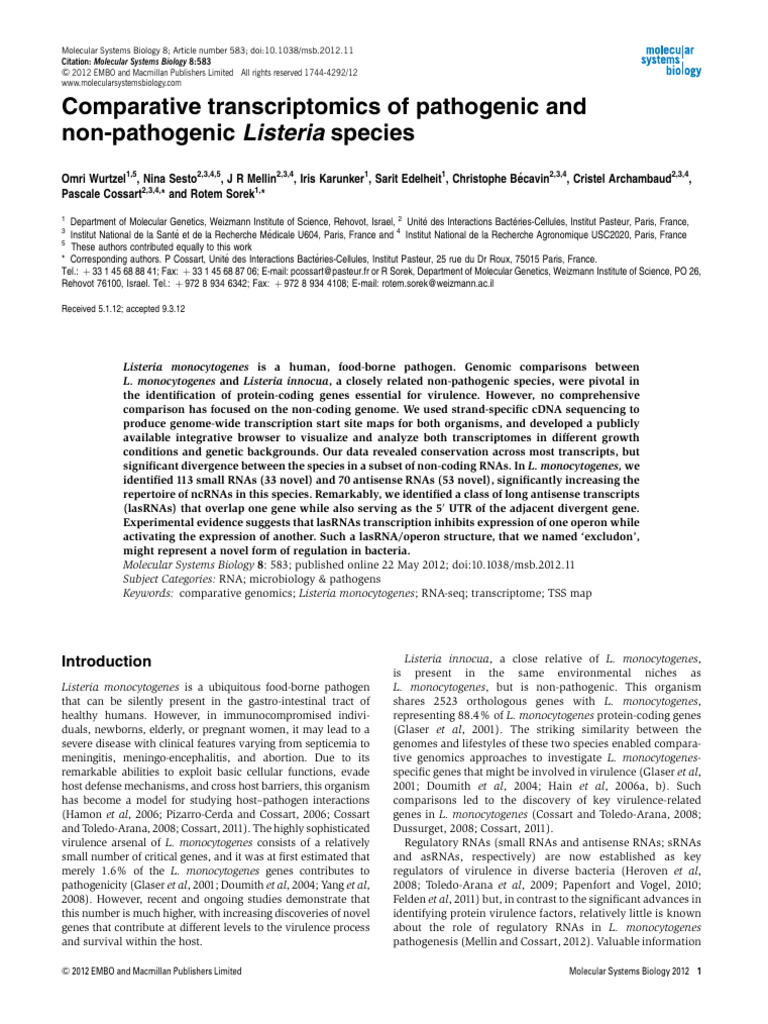 Comparative Transcriptomics of Pathogenic and Non-Pathogenic Listeria Species 2012 | PDF | Gene ...