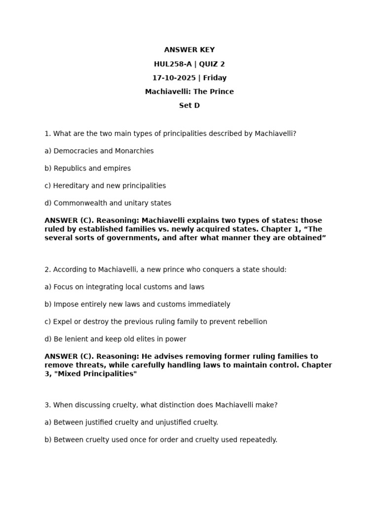 Answer Key q2 Set D Machiavelli Hul258a | PDF | The Prince | Niccolò ...