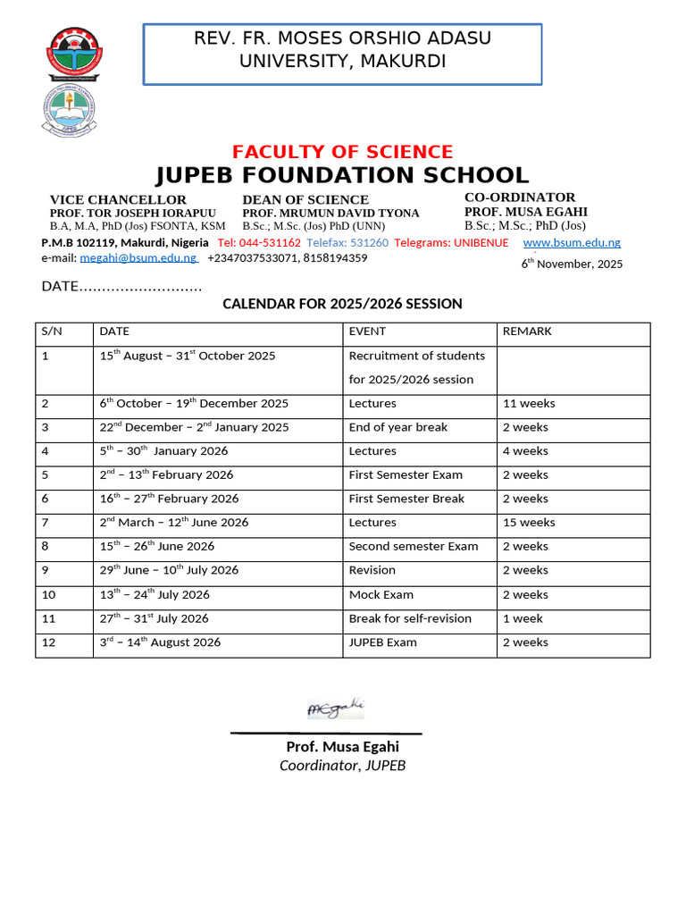 Jupeb Calendar 2025 - 2026 | PDF