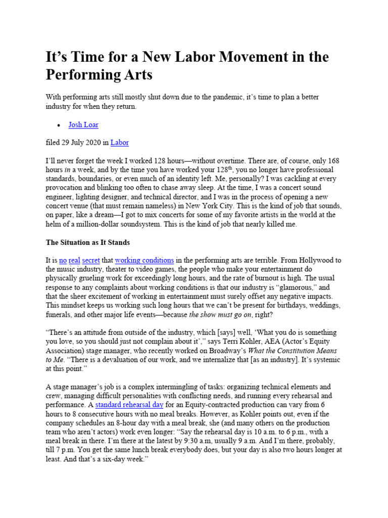 It's Time For A New Labor Movement in The Performing Arts | PDF | Cost ...