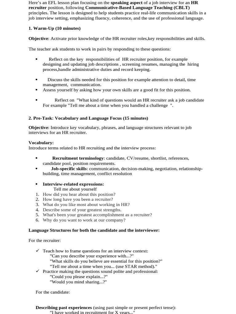 EFL Lesson Plan: Job Interview Skills | PDF | Recruitment | Job Interview
