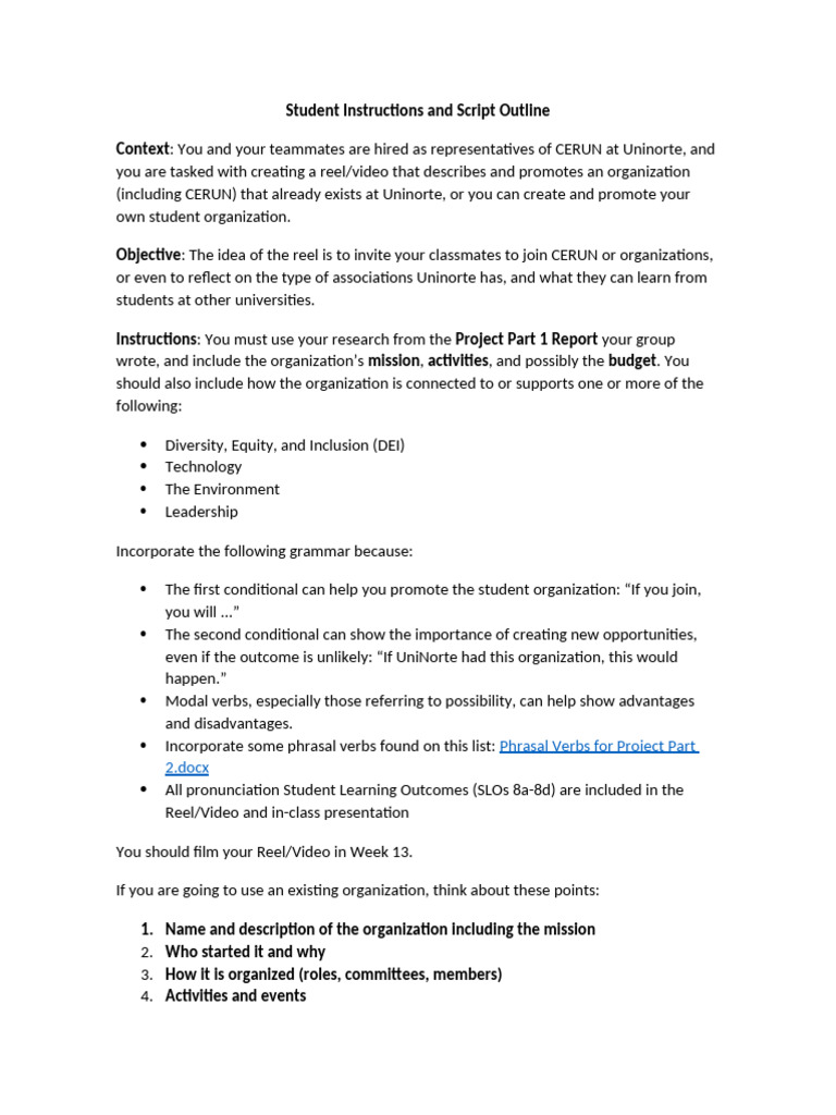 Level 6 Project Part 2 Student Instructions and Script Outline | PDF