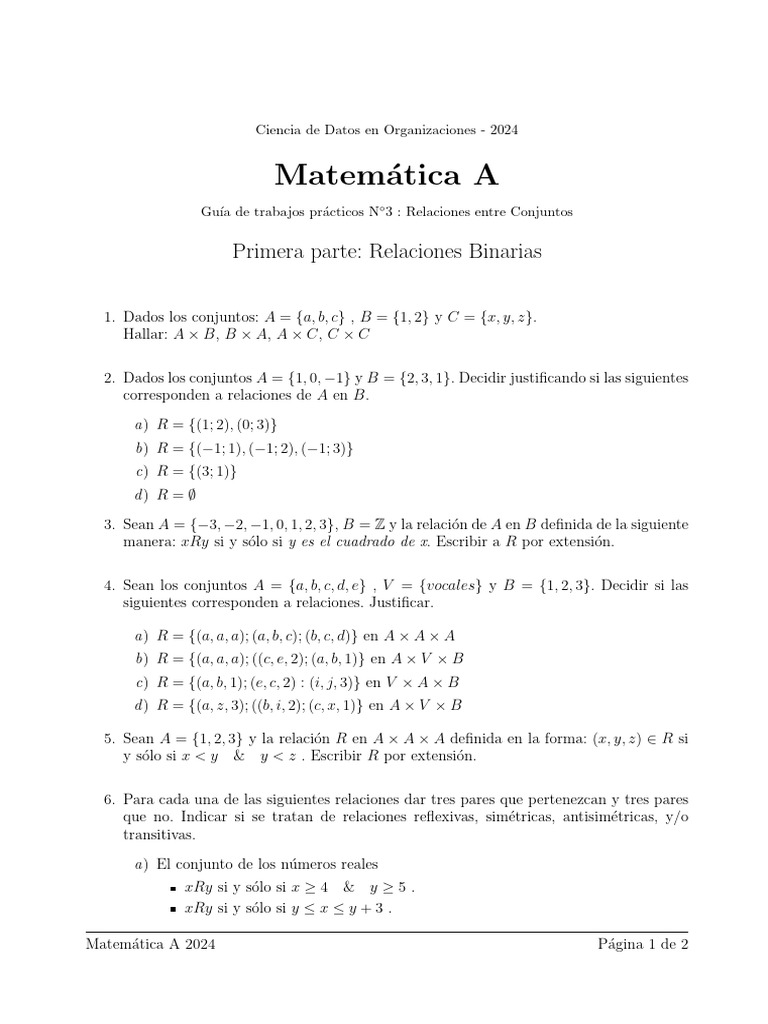 TP3 Relaciones Binarias | PDF | Matemáticas | Conceptos matemáticos
