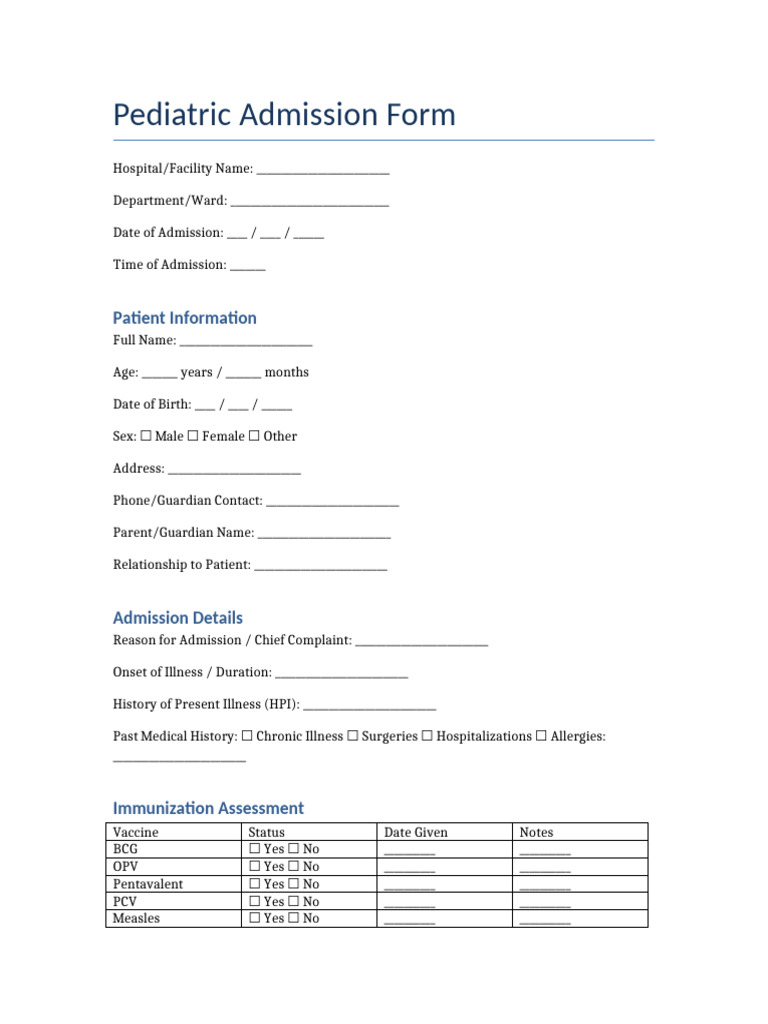 Pediatric Admission Form | PDF | Health Sciences | Diseases And Disorders