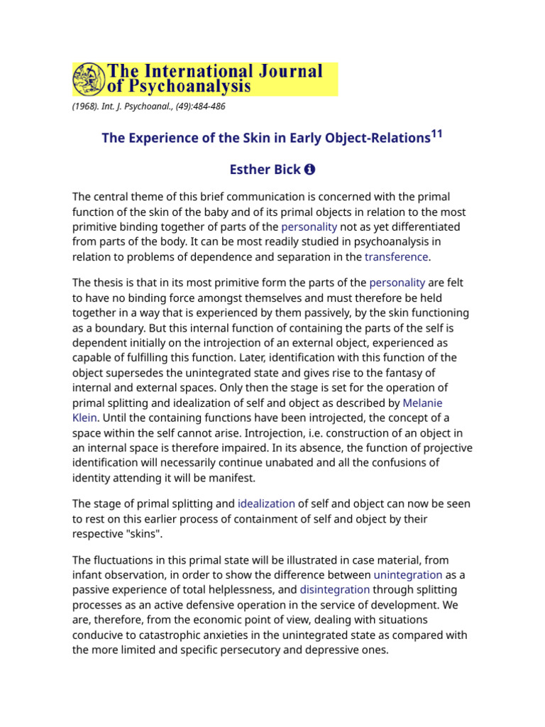 Bick The Experience of The Skin | PDF | Copyright | Fair Use