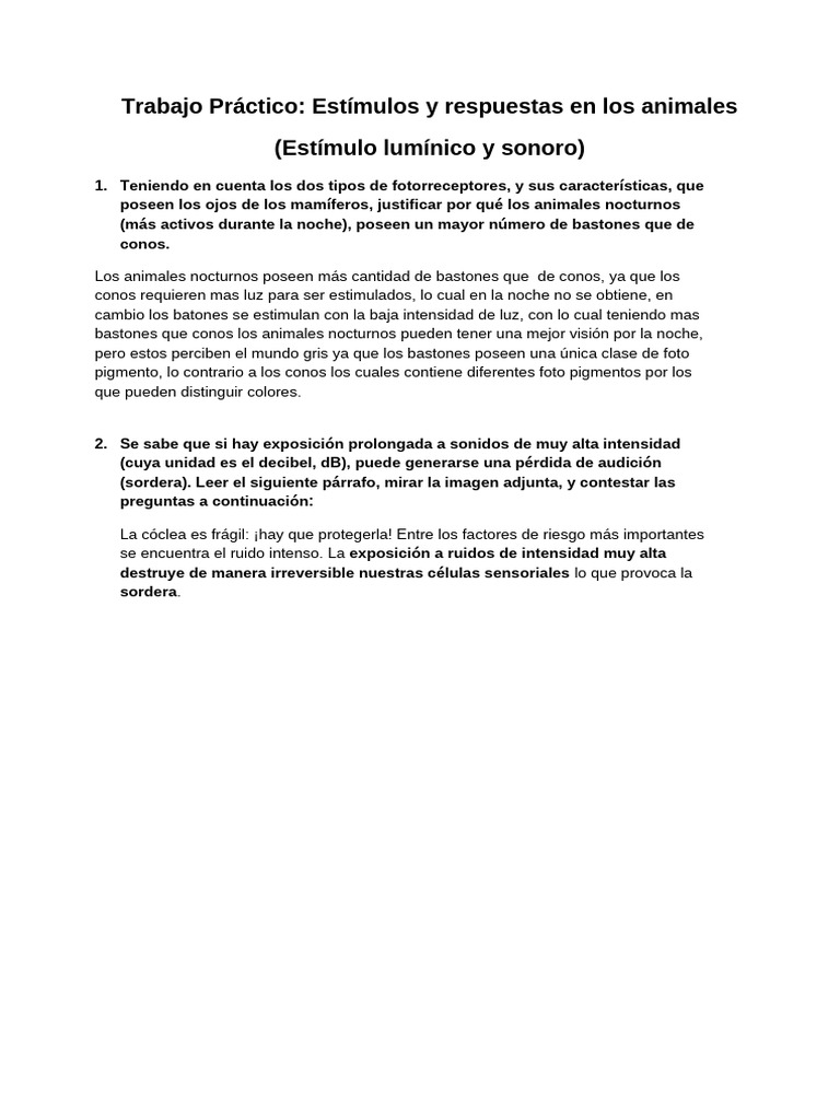 Trabajo Práctico - Estímulos y Respuestas en Los Animales - 3ES B | PDF ...