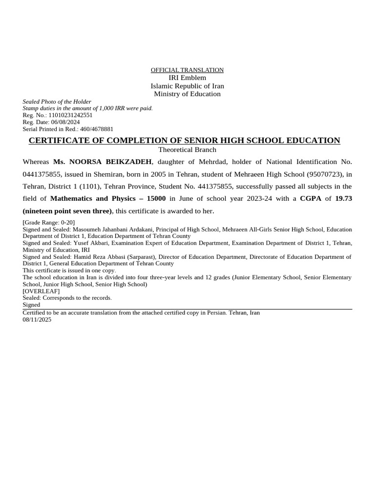 Certificate of Completion of Senior High School Education: Ms. Noorsa ...