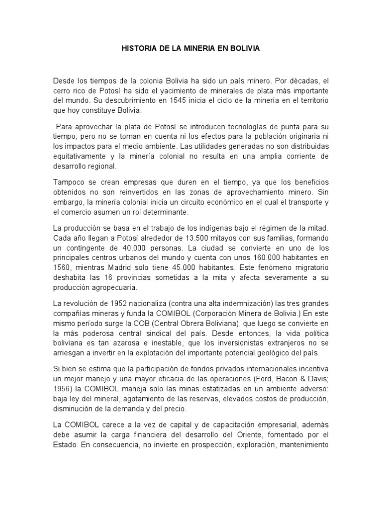 Historia de La Mineria en Bolivia | Bolivia | Minería