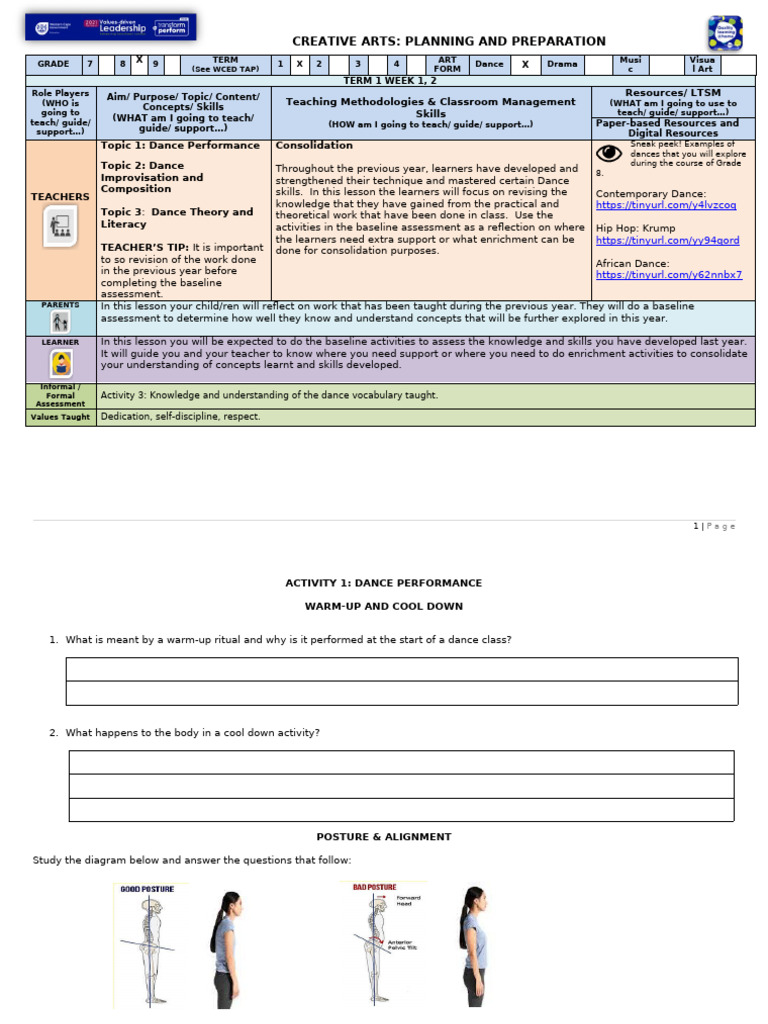 Lesson Plan Gr.8 Creative Arts Dance T1 W1, 2 | PDF | Dances | Teachers