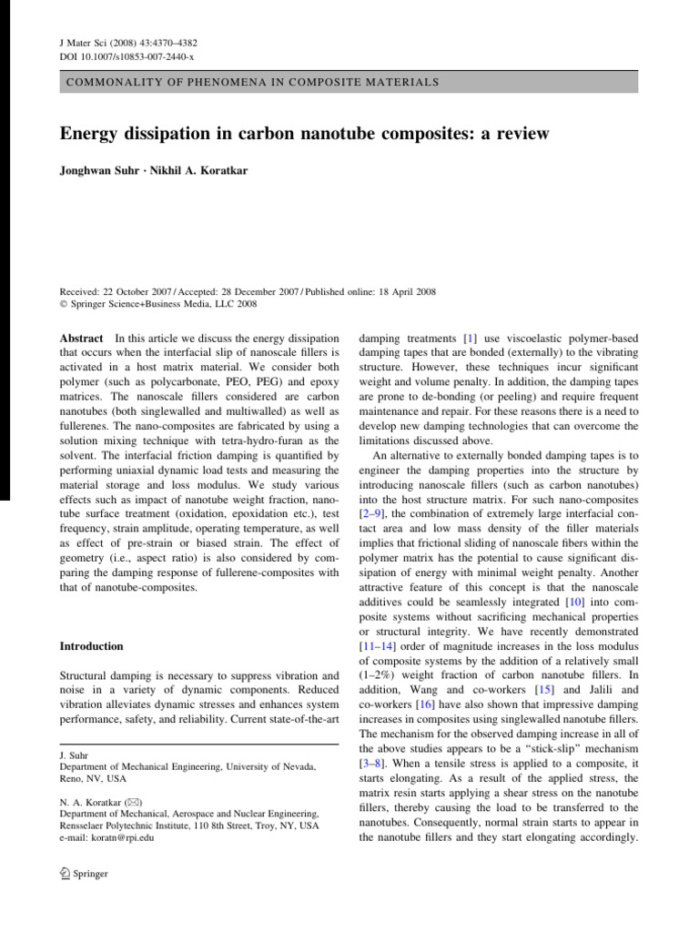 Energy Dissipation in Nanotube Composites | PDF | Carbon Nanotube ...
