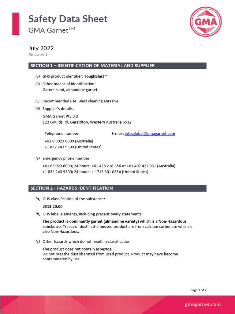 GMA Garnet ToughBlast Safety Data Sheet | PDF | Occupational Safety And ...