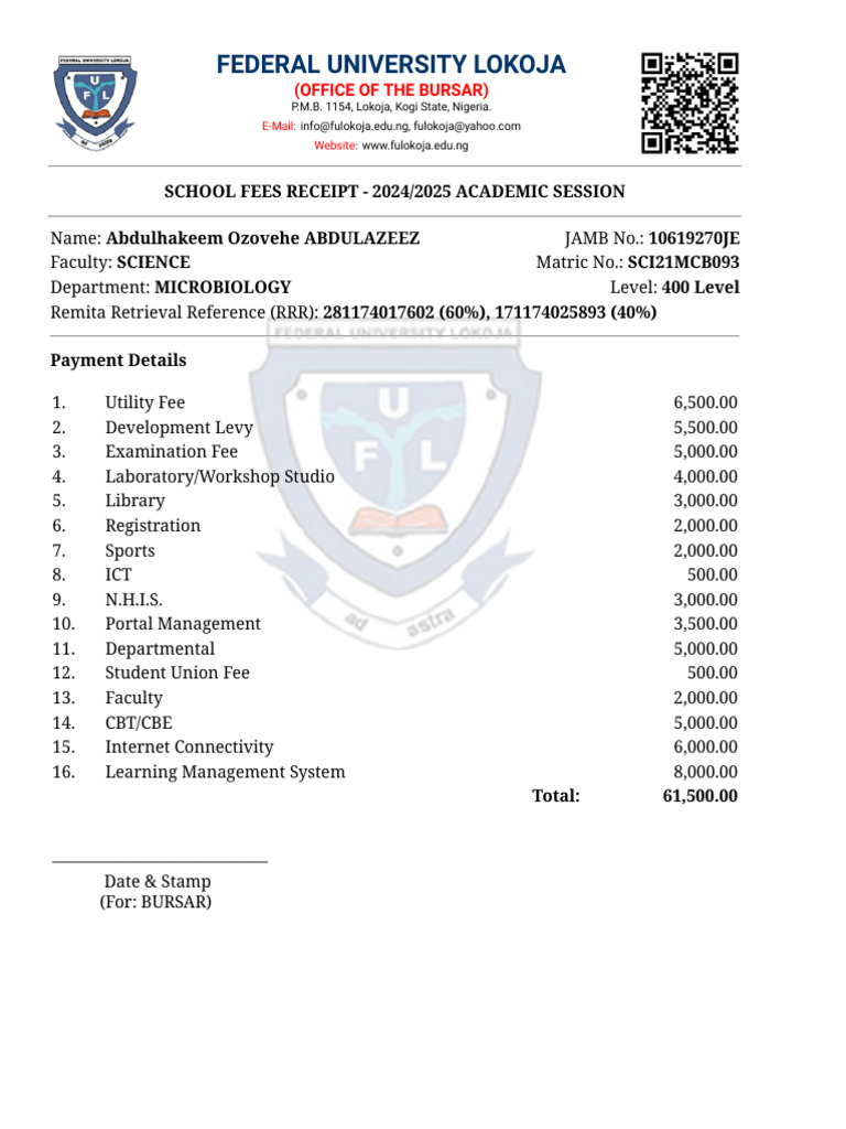 2024/2025 School Fees Receipt - FUL | PDF