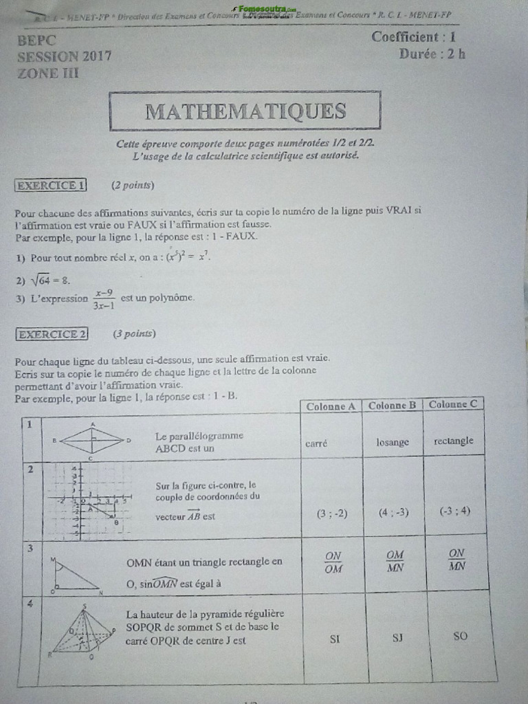 612b7c95afbacsujet Corrige Et Bareme de Mathematique Bepc 2017 | PDF