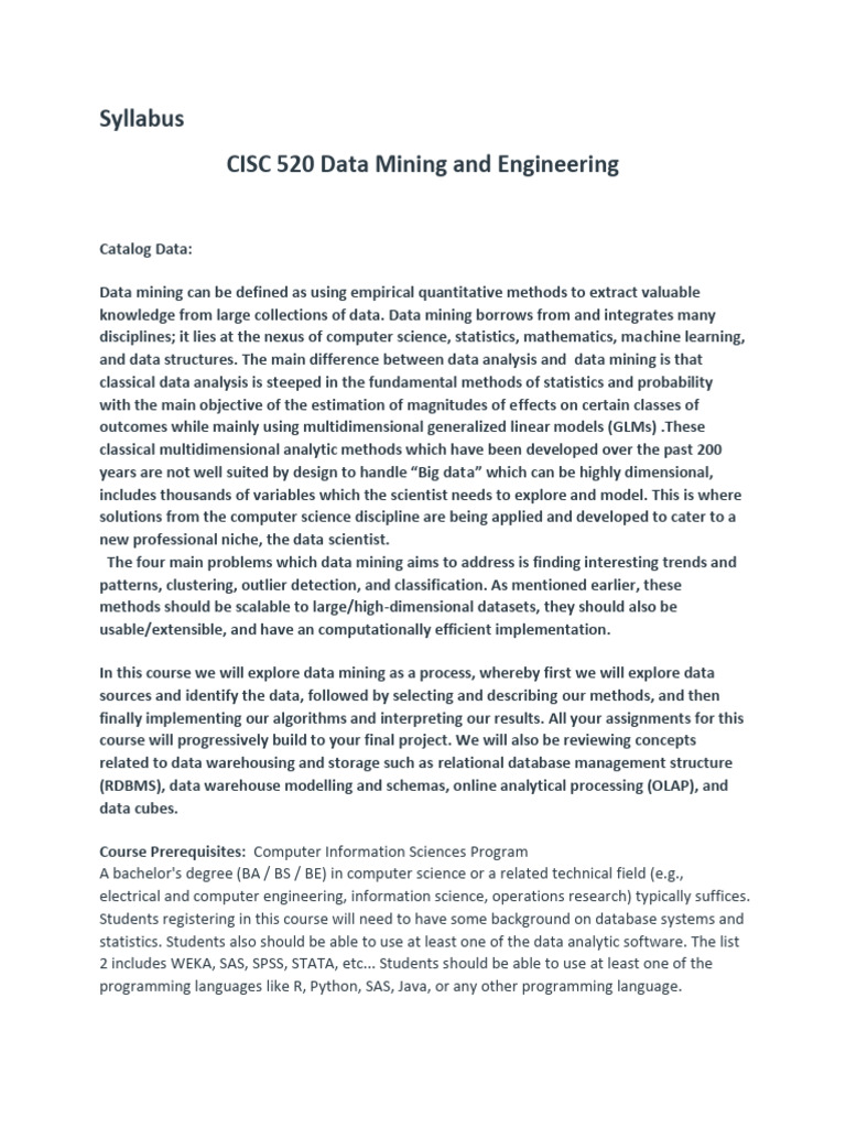 Data Engineering and Mining Syllabus 1 | PDF | Data | Function (Mathematics)