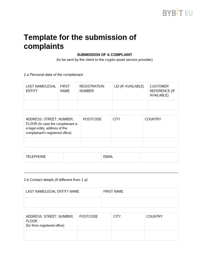 Template For The Submission of Complaints - Bybit EU | PDF