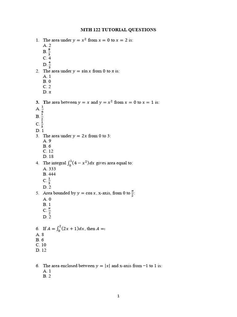 Mth 122 Tutorial Questions | PDF | Area | Mathematical Analysis