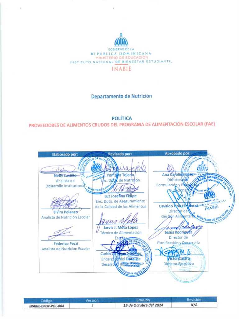 Politica Proveedores de Alimentos Crudos Del Programa de Alimentación ...