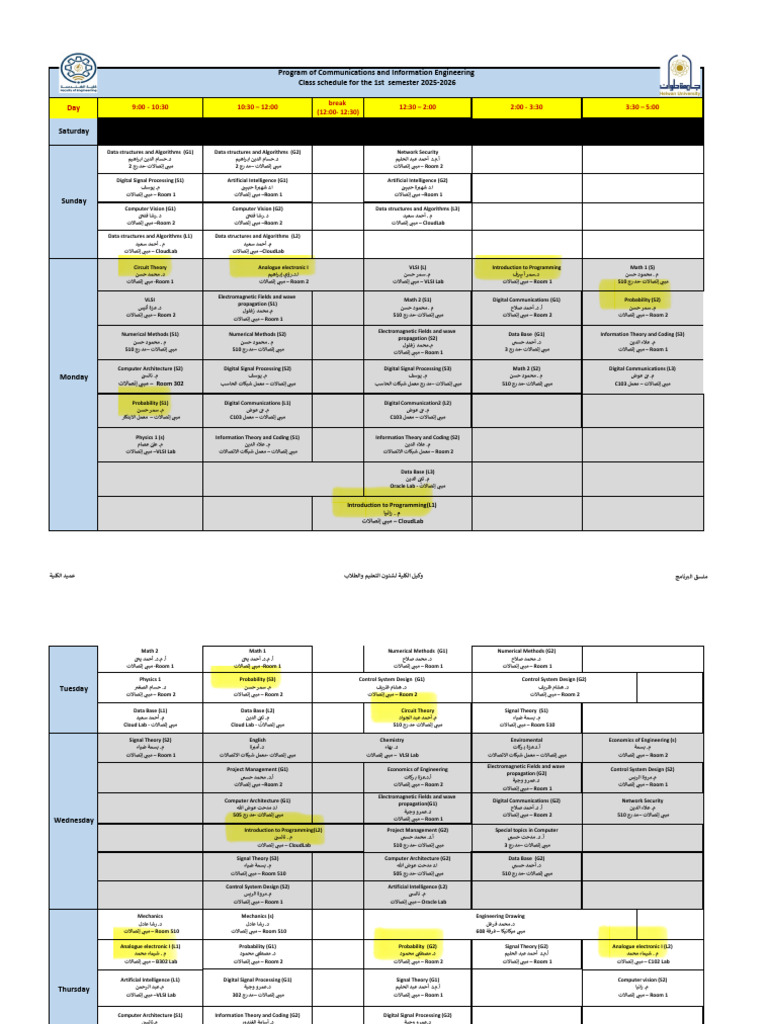 Timetable Credit 1st Term 2025-2026 V2 برنامج هندسة الاتصالات ...