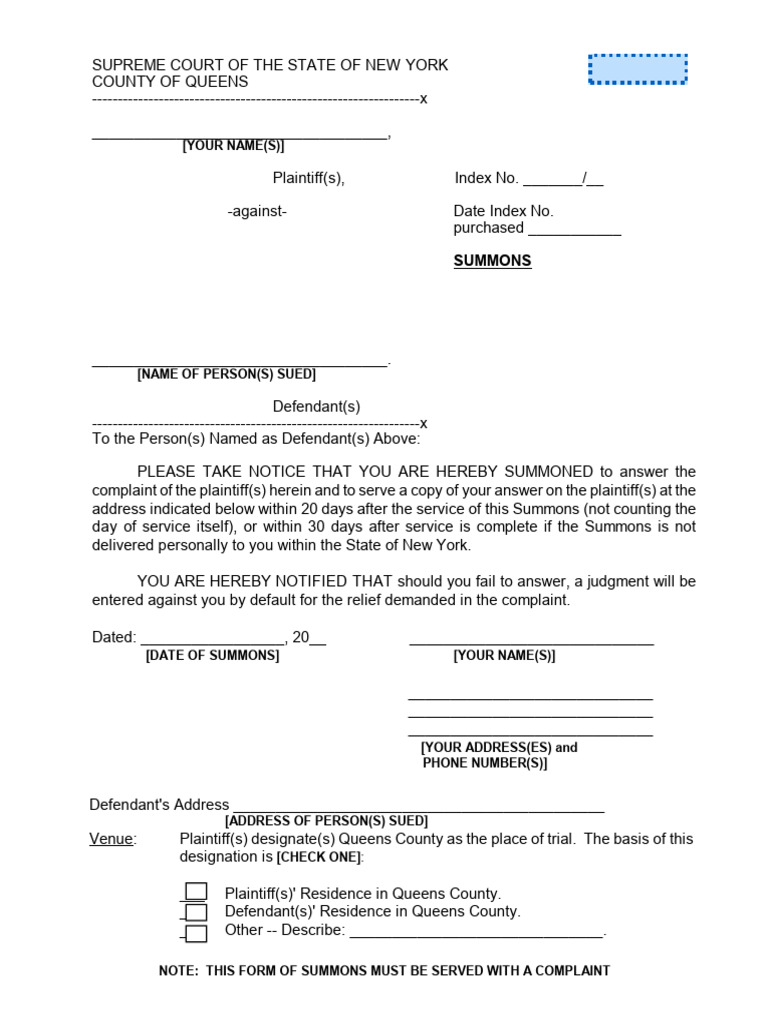 New York Supreme Court Summons Template | PDF | Summons | Default Judgment