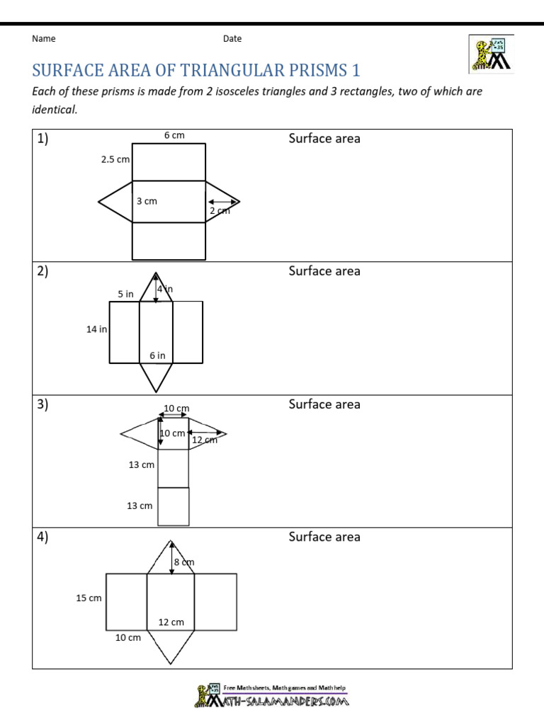 Surface Area Triangular Prisms 1 | PDF | Area | Geometry