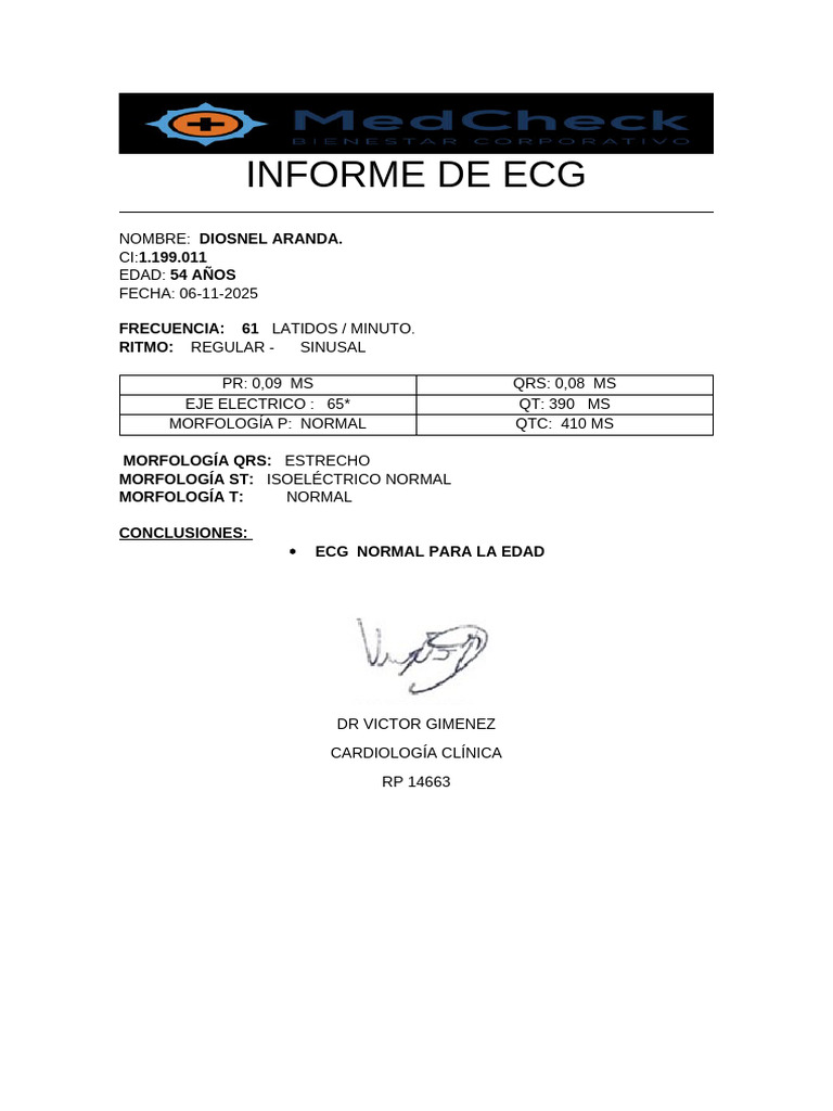 Informe ECG Normal de Diosnel Aranda | PDF