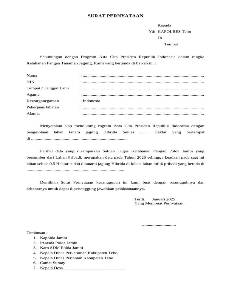 Surat Pernyataan Kesanggupan Program Asta Cita | PDF