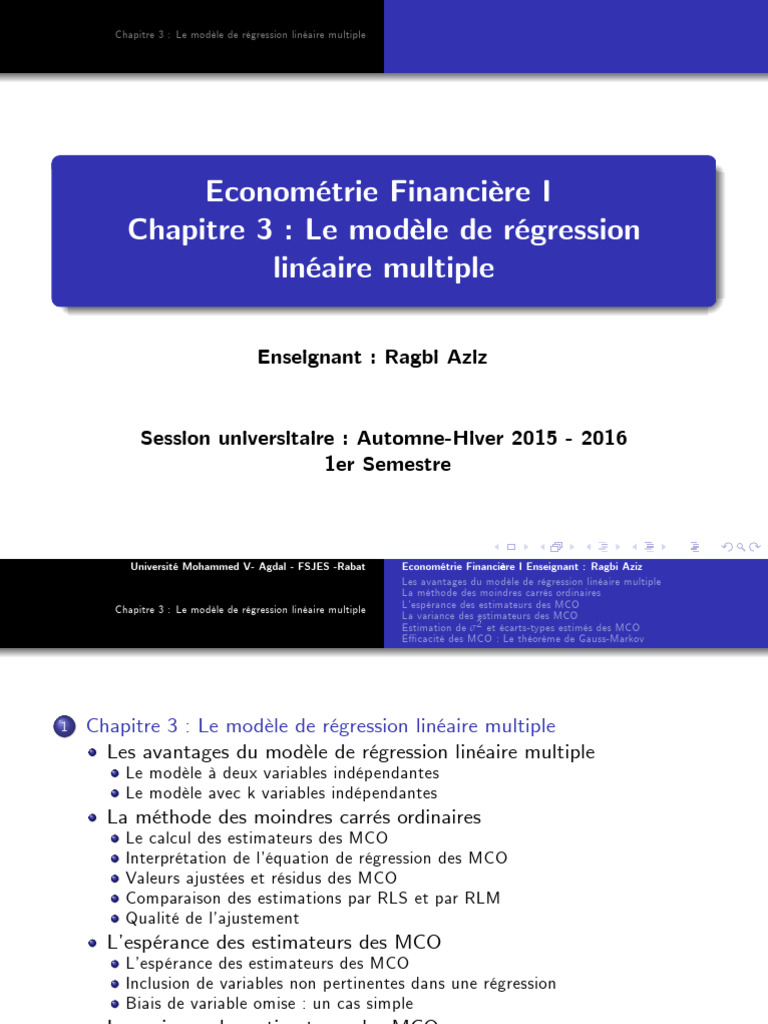 Chapitre 3 Le Modèle de Régression Linéaire Multiple | PDF | Analyse de régression | Régression ...