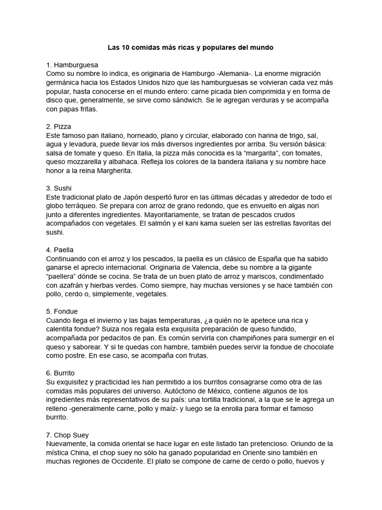 10 Comidas Más Ricas Del Mundo | PDF | Pizza | Alimentos