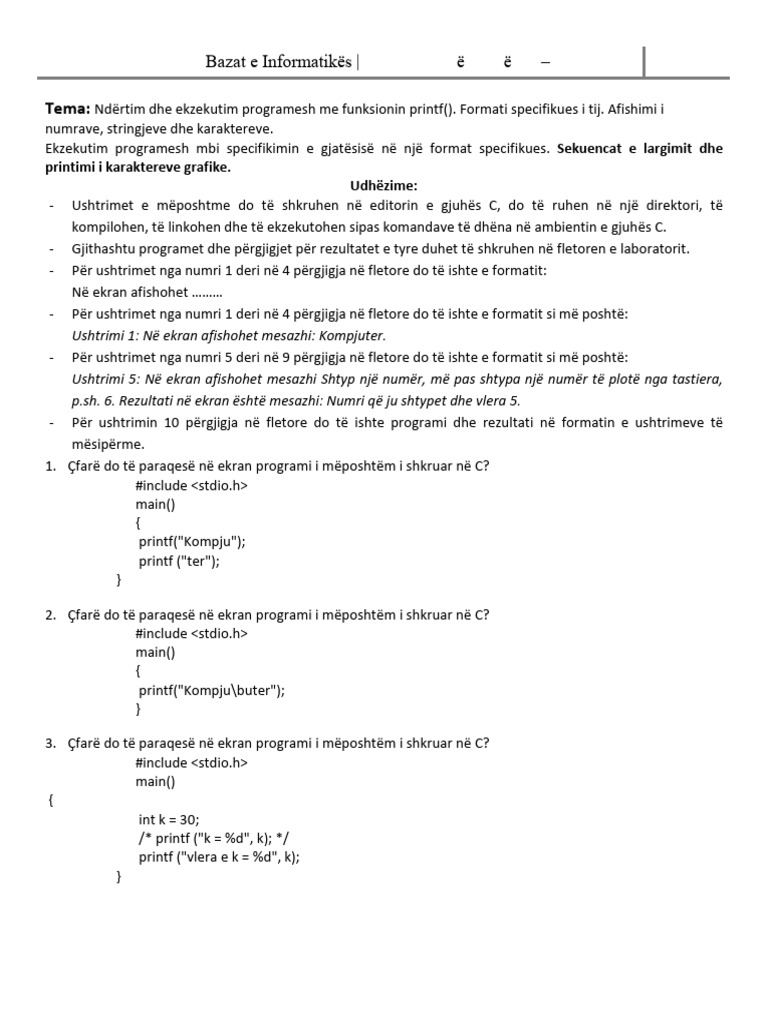 Tema:: Bazat e Informatikës - Programim Në Gjuhën C - Laborator 2 | PDF