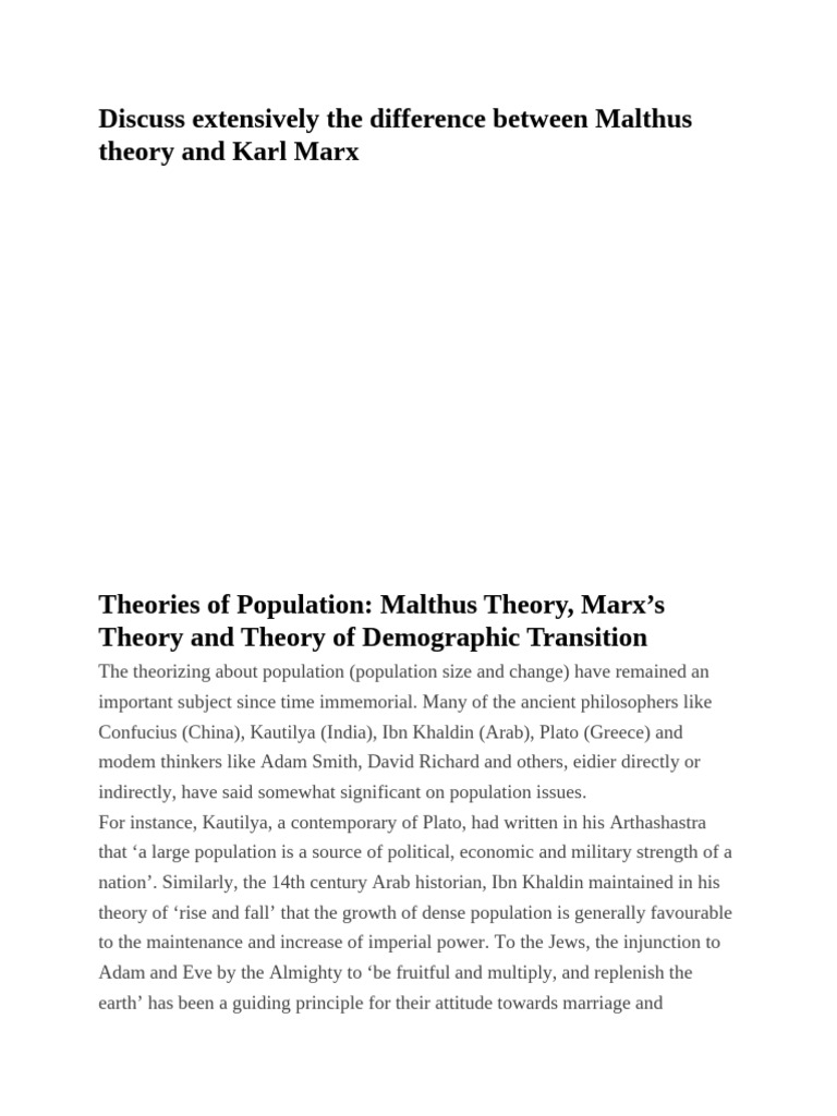 Extensive Discussion about the difference between Malthus theory and Karl Marx | PDF ...