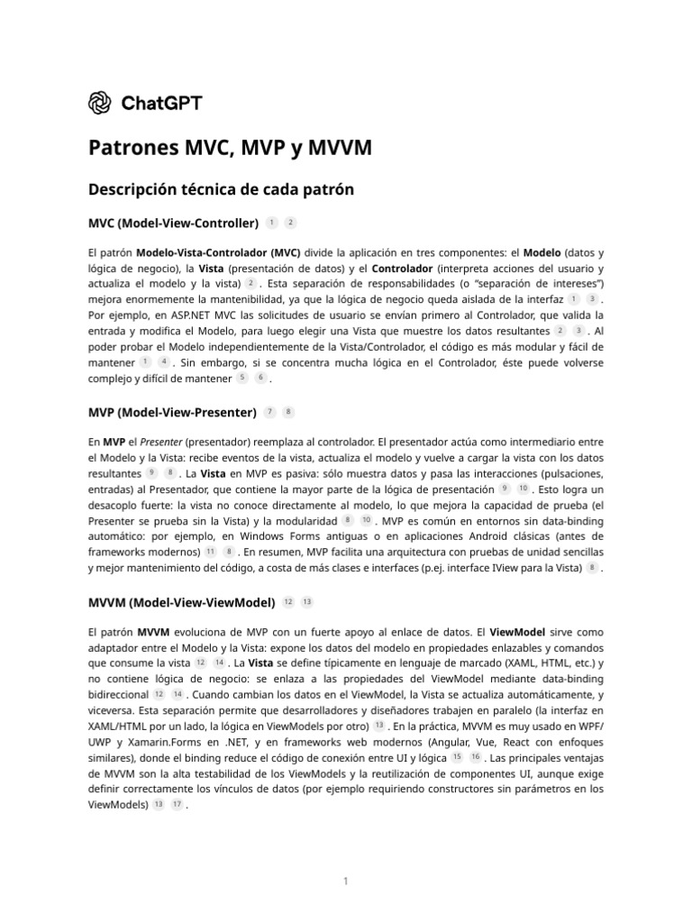 Patrones MVC, MVP y MVVM | PDF | Modelo – Vista – Controlador | Ingeniería Informática