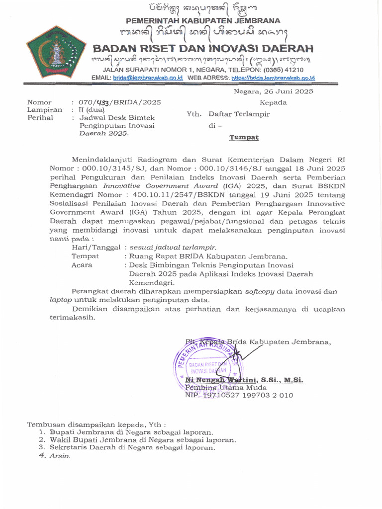Surat Jadwal Desk BIMTEK Penginputan Data Inovasi 2025 | PDF