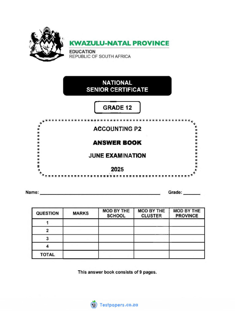 Accounting Grade 12 NSC Answer Book p2 May June 2025 KZN | PDF
