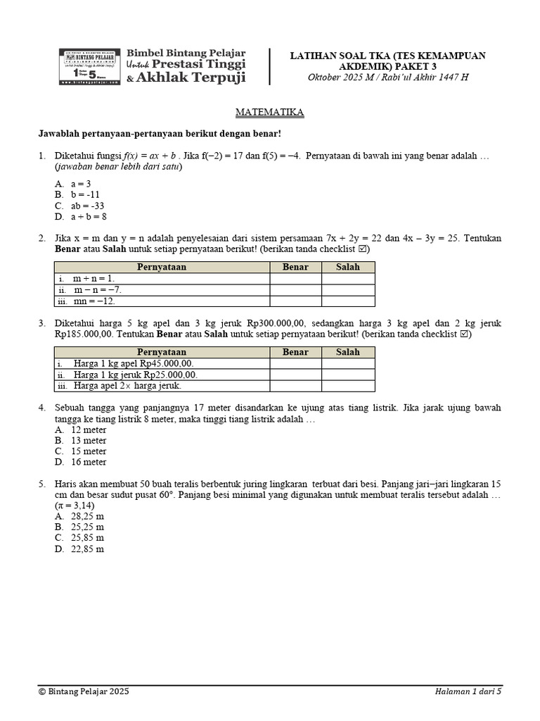 Latihan Soal TKA - Matematika 9 SMP - Paket 3 | PDF