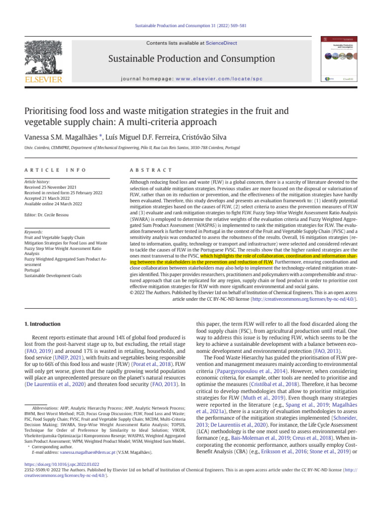 Prioritising Food Loss and Waste Mitigation Strategies in The FV SC ...