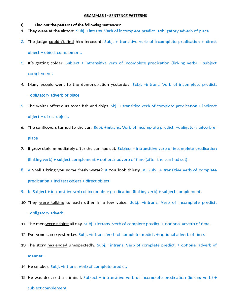 Exercises On Patterns of Sentences 2 Keys | PDF | Verb | Subject (Grammar)