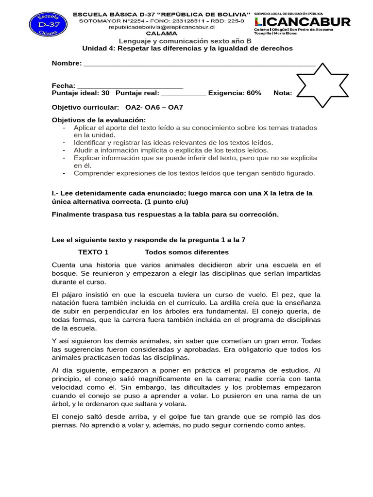 Evaluación INTERMEDIA Lenguaje UNIDAD 4 Sexto Basico | PDF | Tolerancia ...