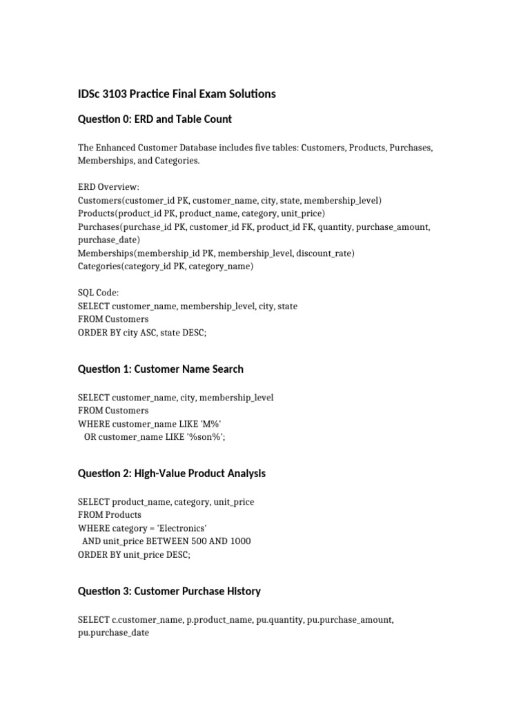 IDSc 3103 Final Exam SQL Solutions | PDF | Sql | Software Engineering