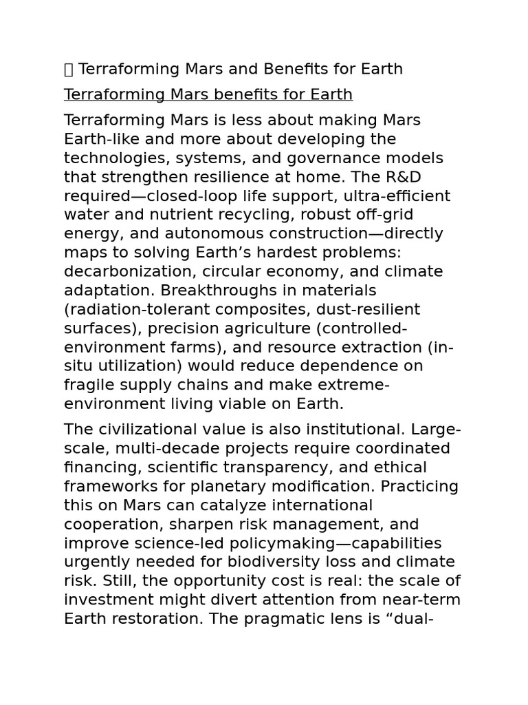 How Does Terraforming Mar Benefit Our Civilisation On Earth | PDF