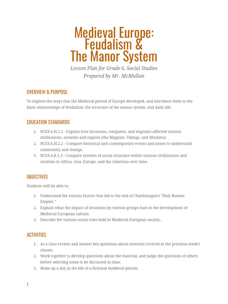 Medieval Europe - Feudalism and The Manor System - Lesson Plan | PDF