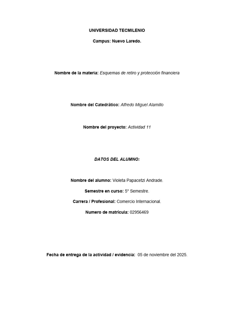 Esquemas de Retiro y Protección Financiera Actividad 11 Ok | PDF